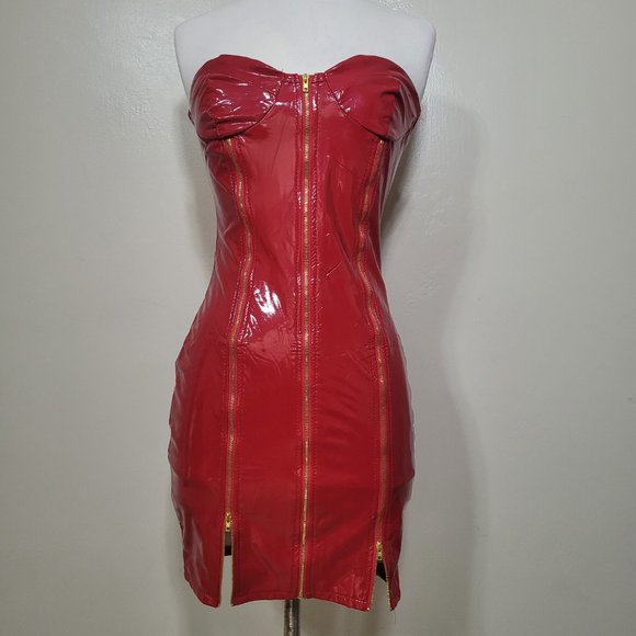 Dresses | Sexy Red Faux Patent Leather Zipper Slit Bodycon Form Fitting ...